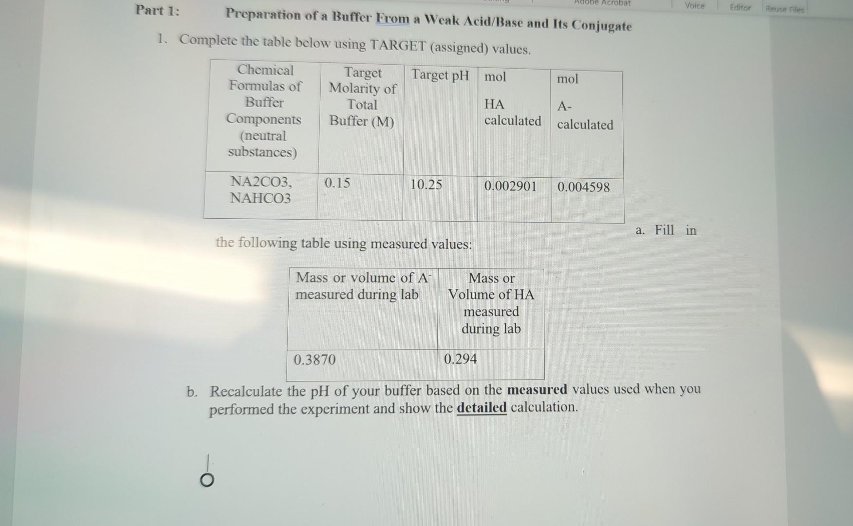 Solved Part 1: Preparation of a Buffer From a Weak Acid/Base | Chegg.com
