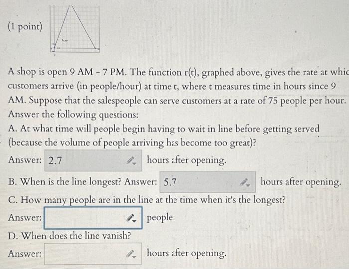 Solved (1 point) A shop is open 9AM−7PM. The function r(t), | Chegg.com