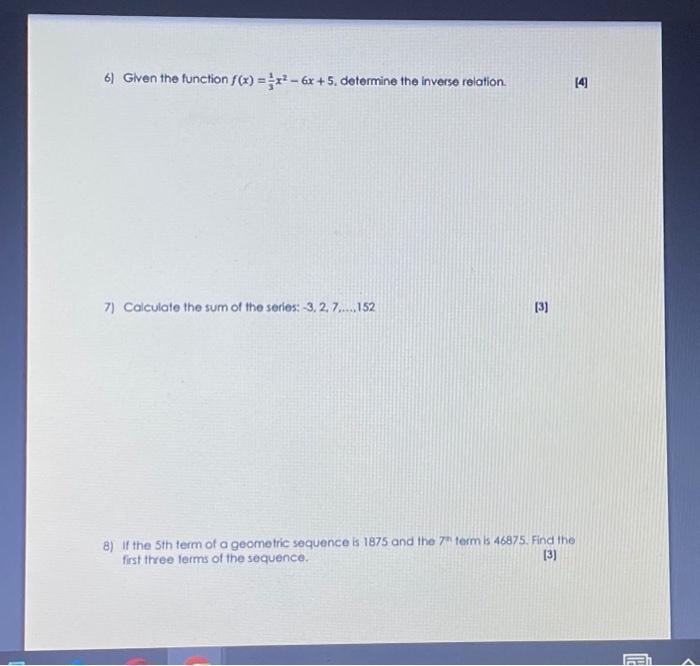 Solved 6) Given the function \\( f(x)=\\frac{1}{3} x^{2}-6 | Chegg.com