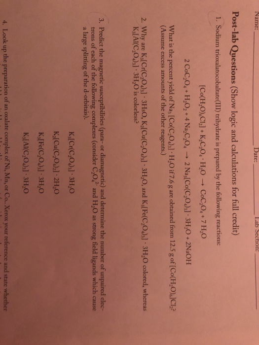 Solved Name: Date: Lab Section: Post-lab Questions (Show | Chegg.com