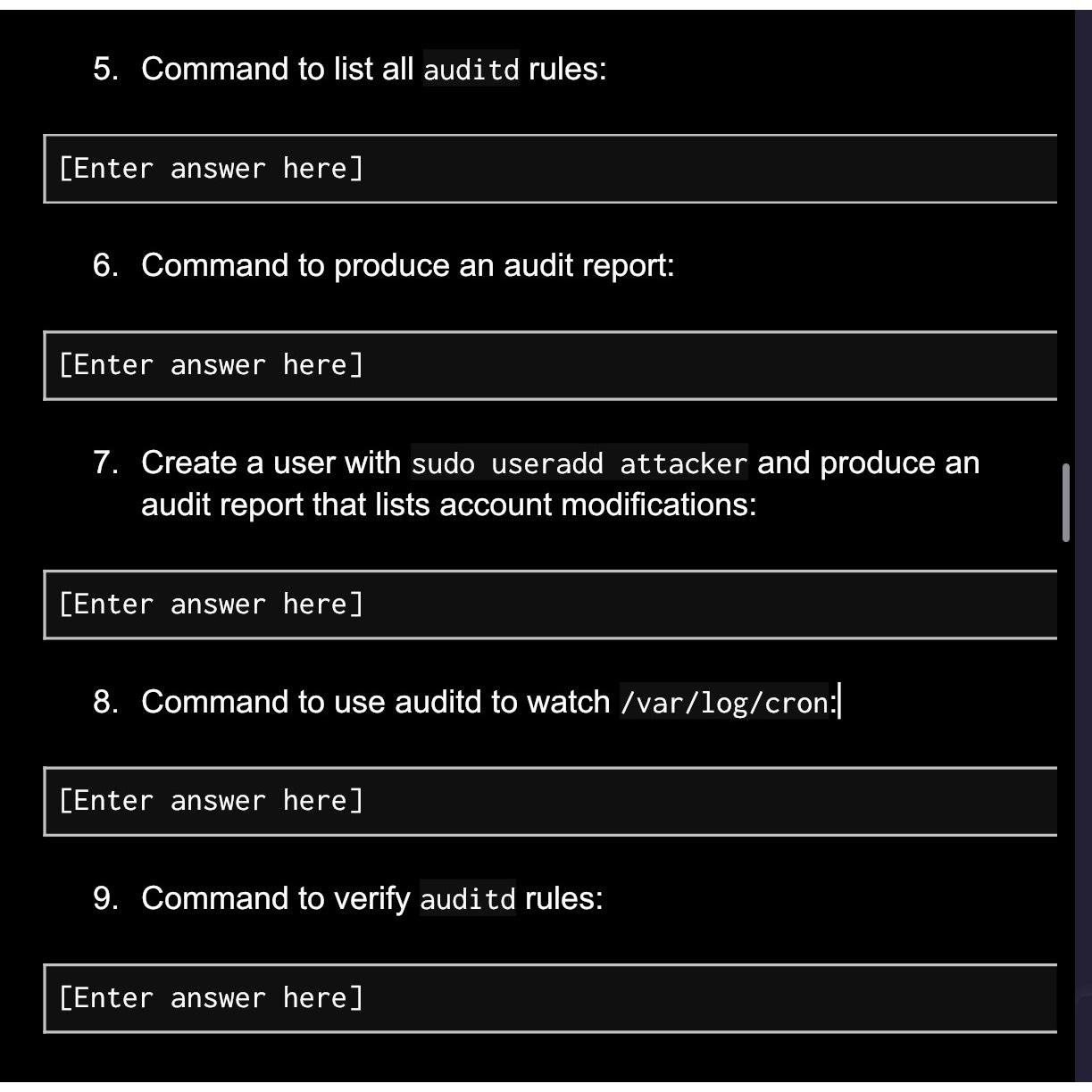 Solved Command to list all auditd rules:[Enter answer | Chegg.com