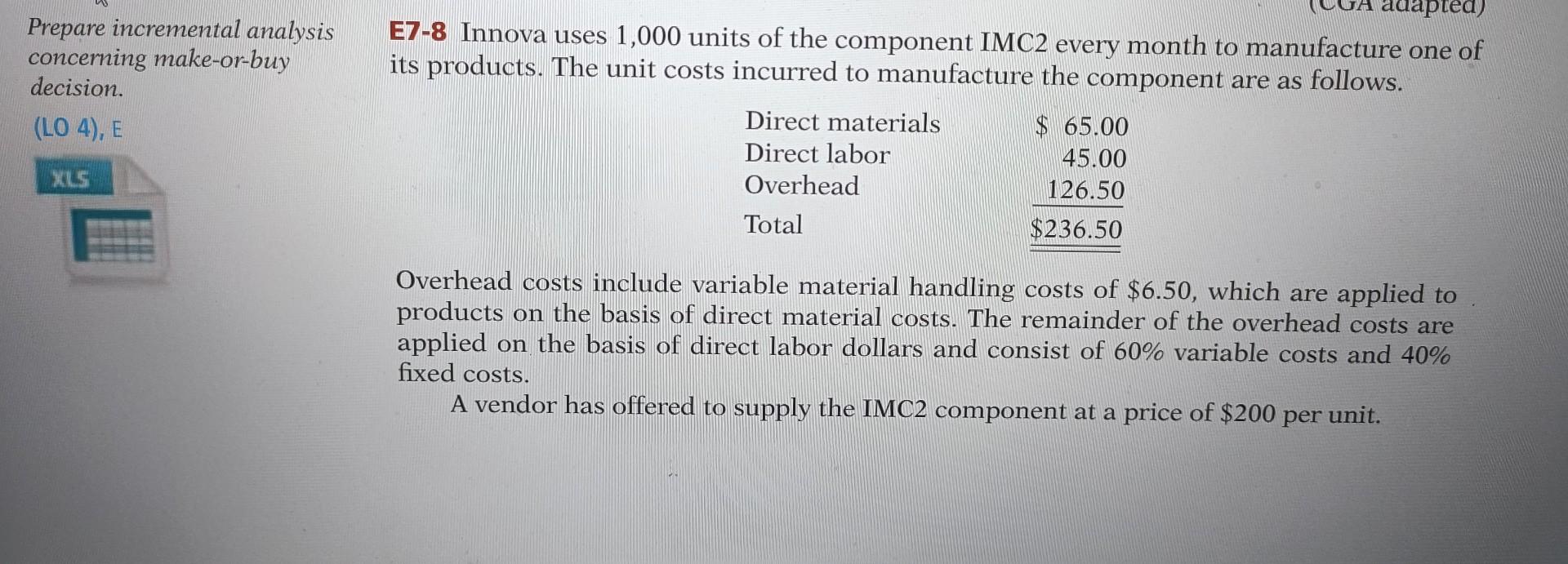 E7-8 Innova uses 1,000 units of the component IMC2 | Chegg.com