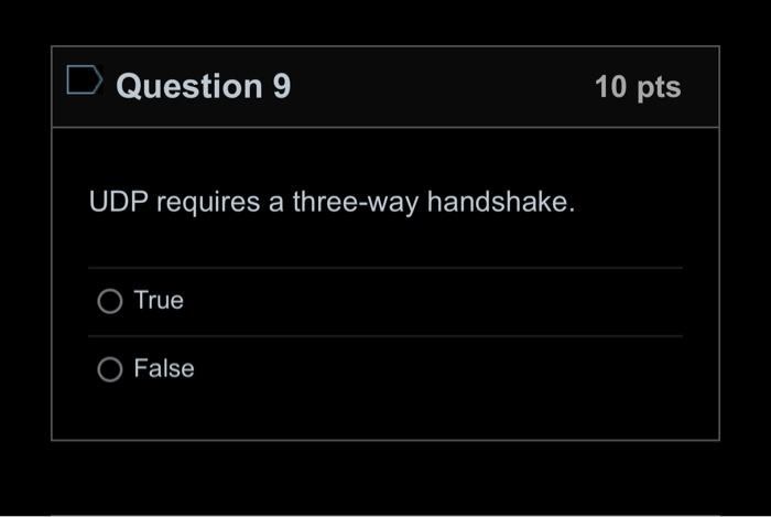 Solved Question 9 10 pts UDP requires a three-way handshake. | Chegg.com