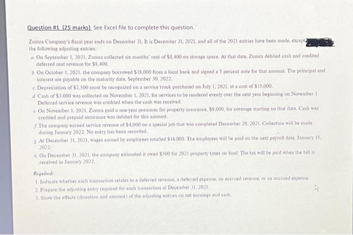 Solved Question \#1 (25 marks) See Excel file to complete | Chegg.com