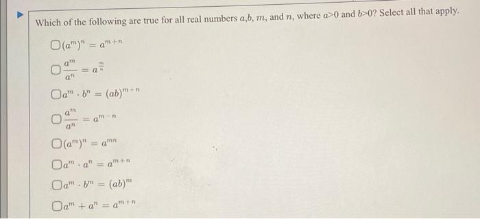 Solved Which of the following are true for all real numbers | Chegg.com