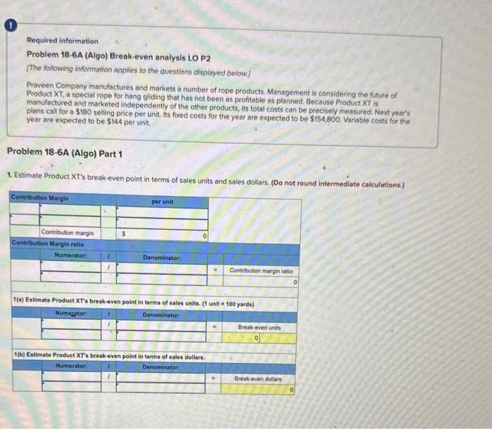 Solved Required information Problem 18-6A (Algo) Break-even | Chegg.com