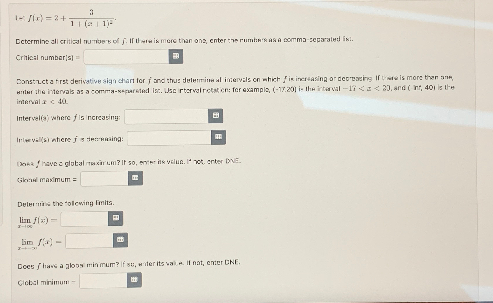 Solved Let f(x)=2+31+(x+1)2.Determine all critical numbers | Chegg.com