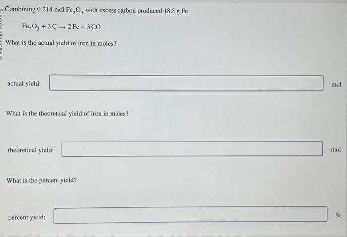 Solved Combining 0.214 molFe2O3 with excess carbon produced | Chegg.com