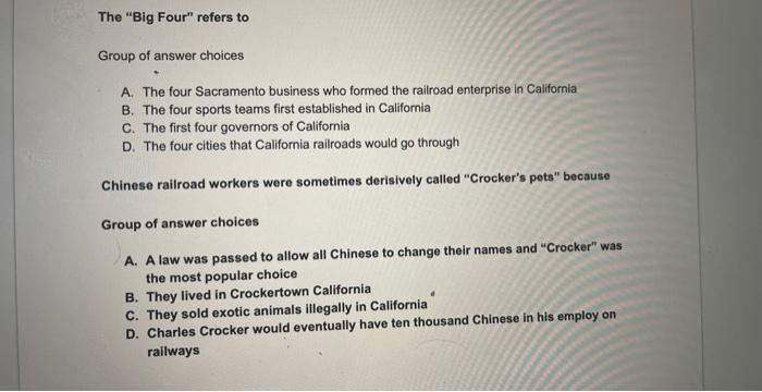 The "Big Four" refers to Group of answer choices A. | Chegg.com