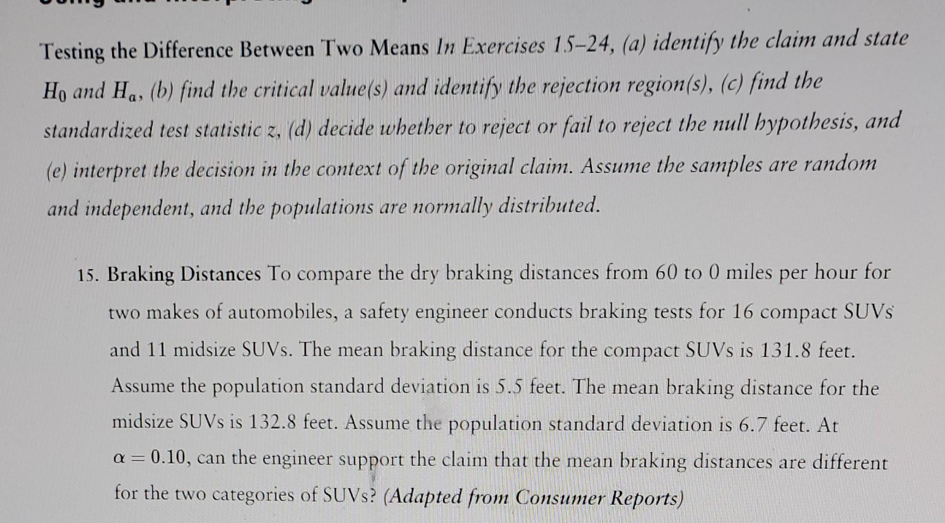 Solved Testing The Difference Between Two Means 2235