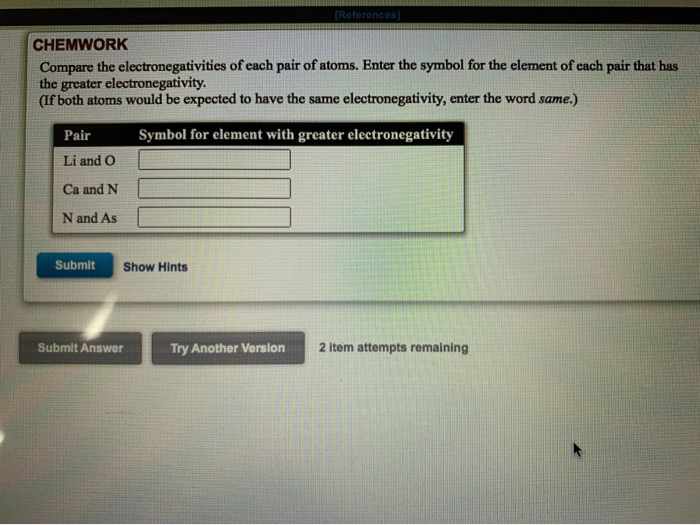 Solved [References CHEMWORK Compare the electronegativities | Chegg.com