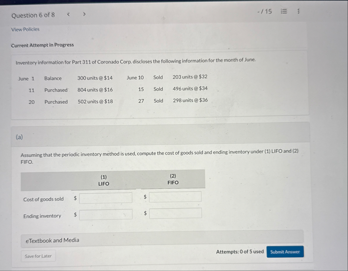 Solved Question 6 ﻿of 8View PoliciesCurrent Attempt in | Chegg.com