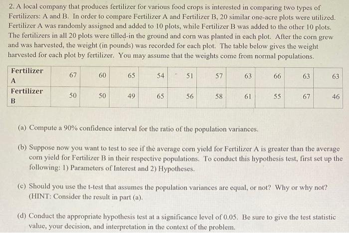 Solved 2. A local company that produces fertilizer for | Chegg.com