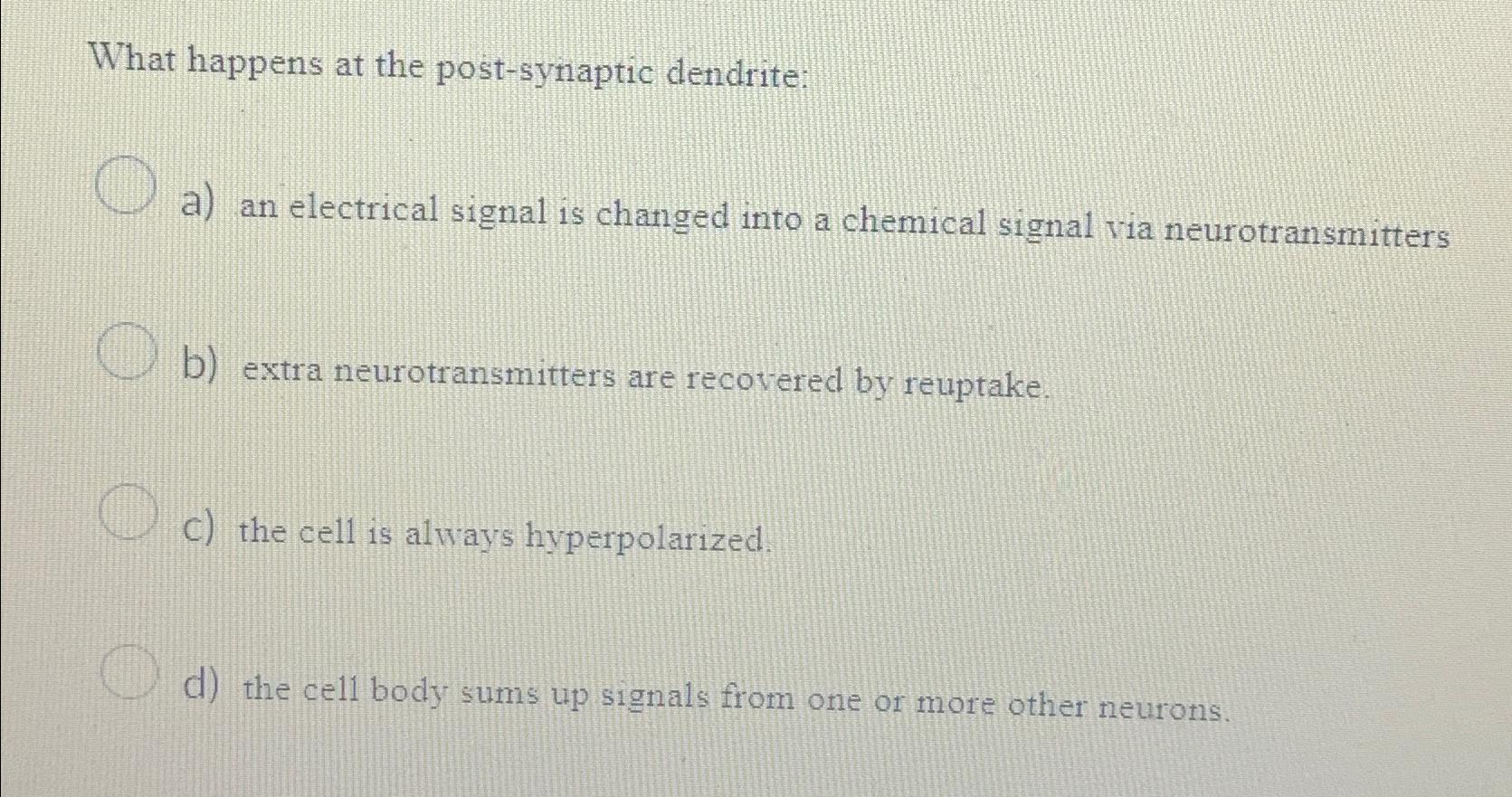 Solved What happens at the post-synaptic dendrite:a) ﻿an | Chegg.com