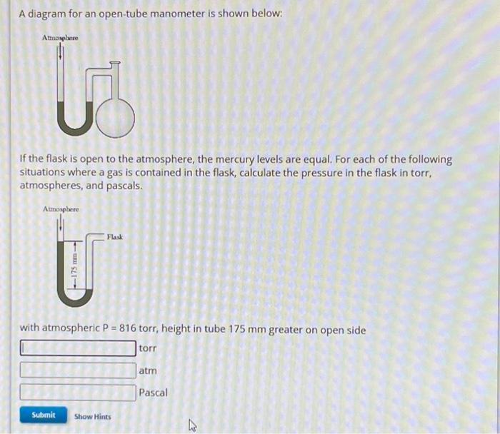 Solved A diagram for an open-tube manometer is shown below: | Chegg.com