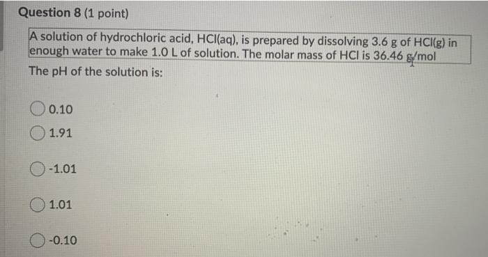 Solved Question 8 (1 point) A solution of hydrochloric acid, | Chegg.com