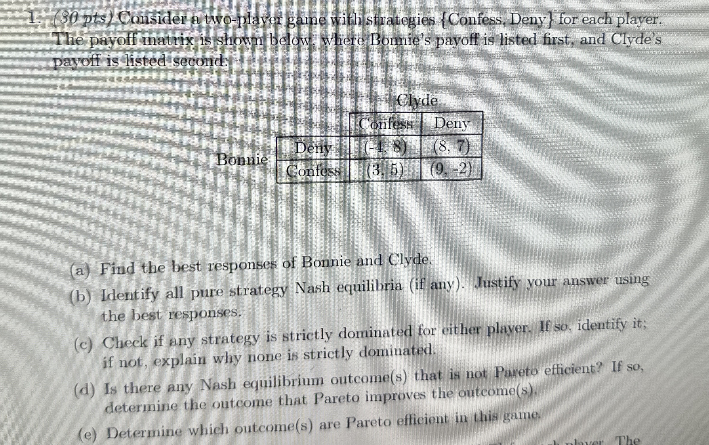 Solved (30 ﻿pts) ﻿Consider a two-player game with strategies | Chegg.com