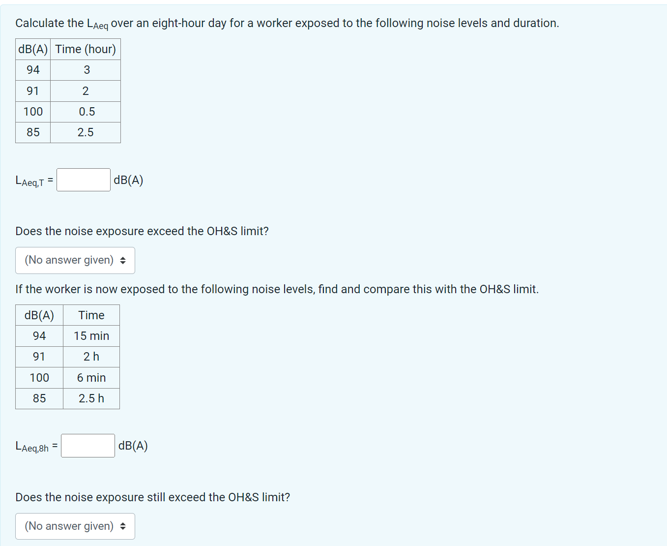 Solved Calculate the LAeq ﻿over an eight-hour day for a | Chegg.com