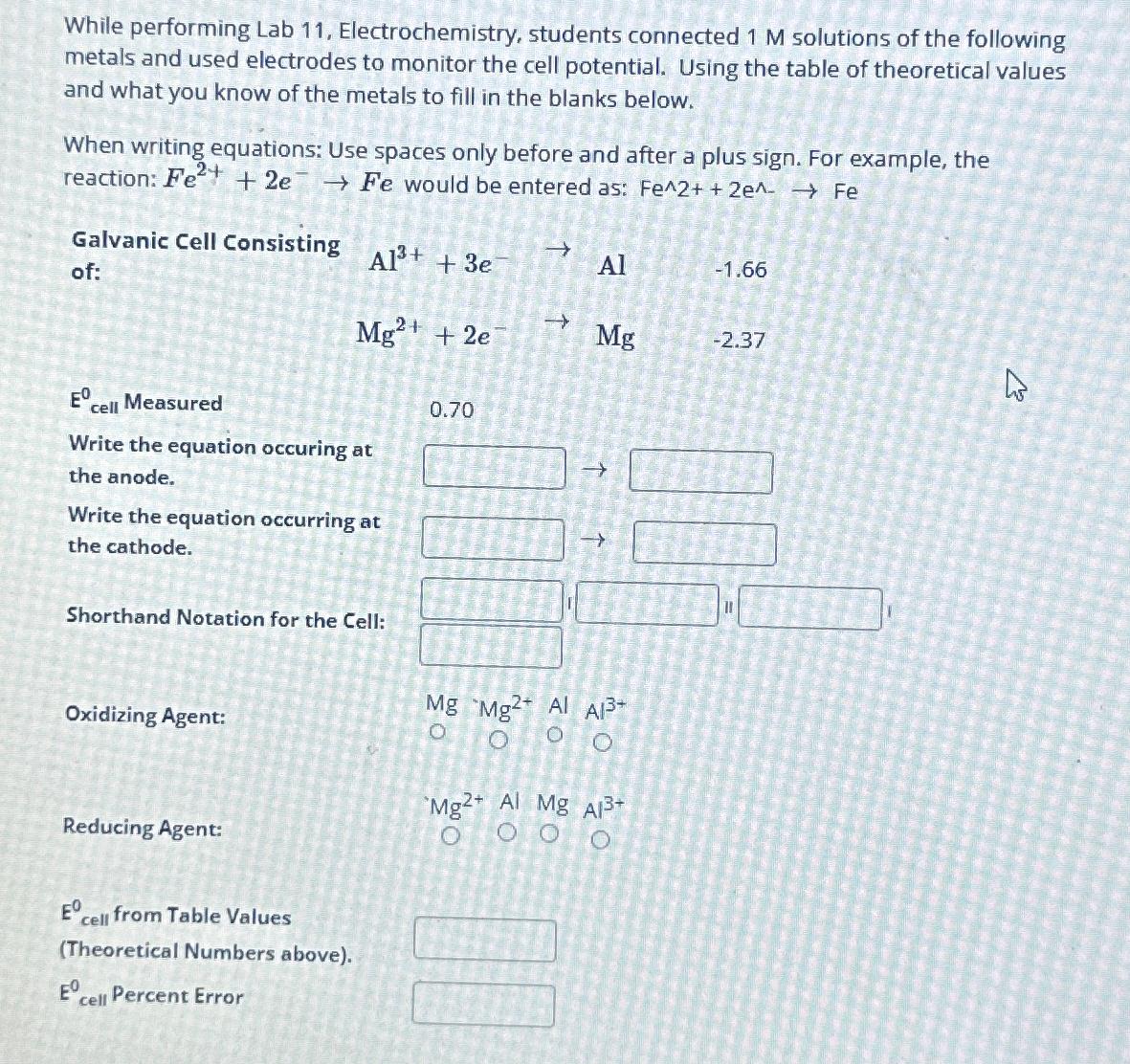 Solved While performing Lab 11, ﻿Electrochemistry, students | Chegg.com