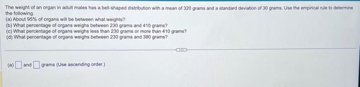 Solved The weight of an organ in adult males has a | Chegg.com