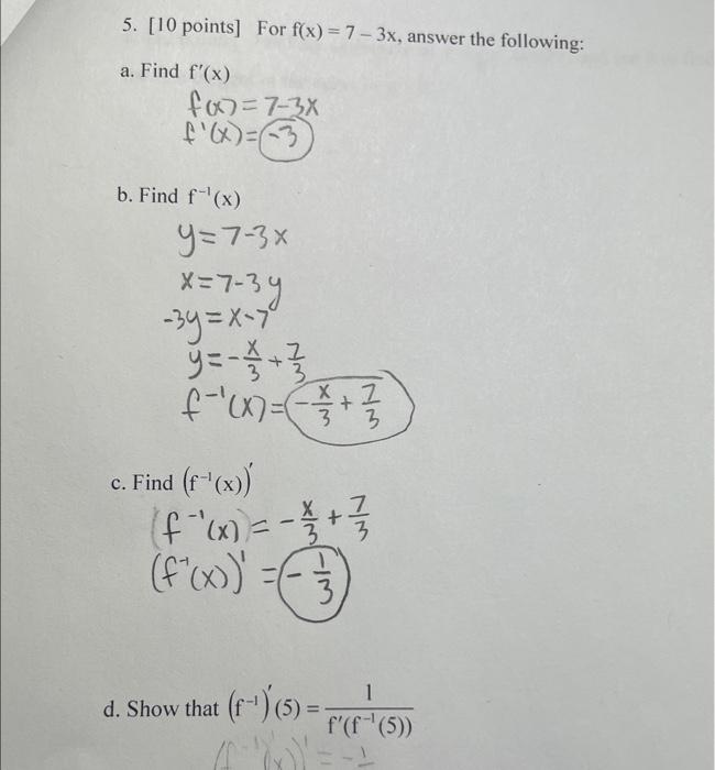 Solved 5. [10 points] For f(x)=7−3x, answer the following: | Chegg.com