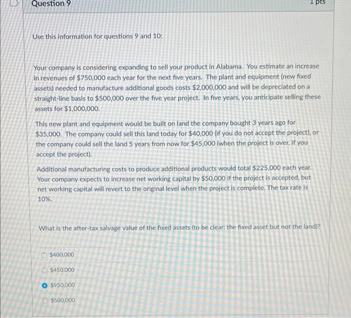 Solved Question 9 1 pts Use this information for questions 9 | Chegg.com