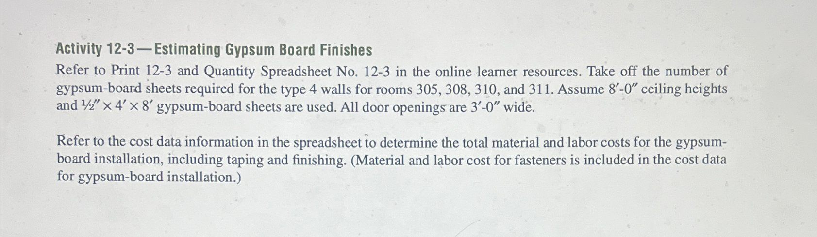 Solved Activity 12-3-Estimating Gypsum Board FinishesRefer | Chegg.com