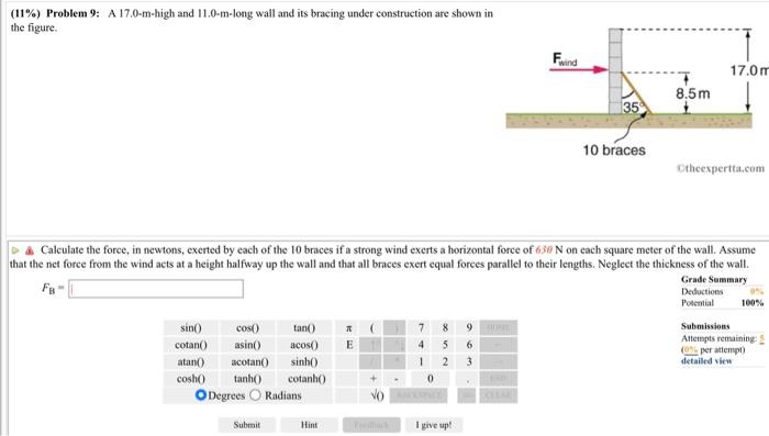Solved (11\%) Problem 9: A 17,0-m-high and 11.0-m-long wall | Chegg.com