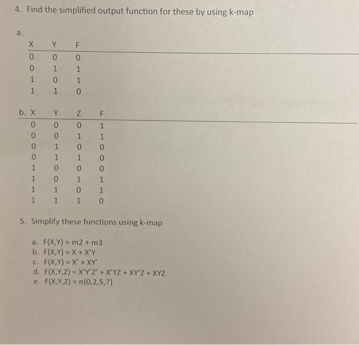 Solved 4. Find the simplified output function for these by | Chegg.com