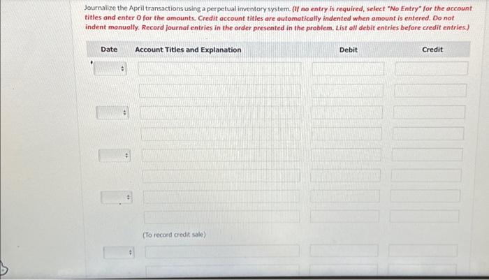 Solved Journalize the April transactions using a perpetual | Chegg.com