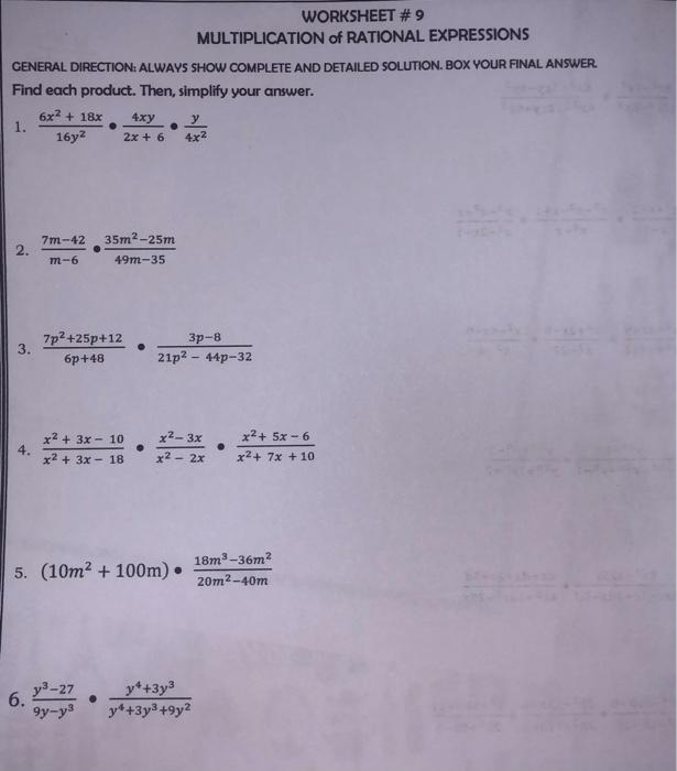 Solved WORKSHEET # 9 MULTIPLICATION O RATIONAL EXPRESSIONS | Chegg.com