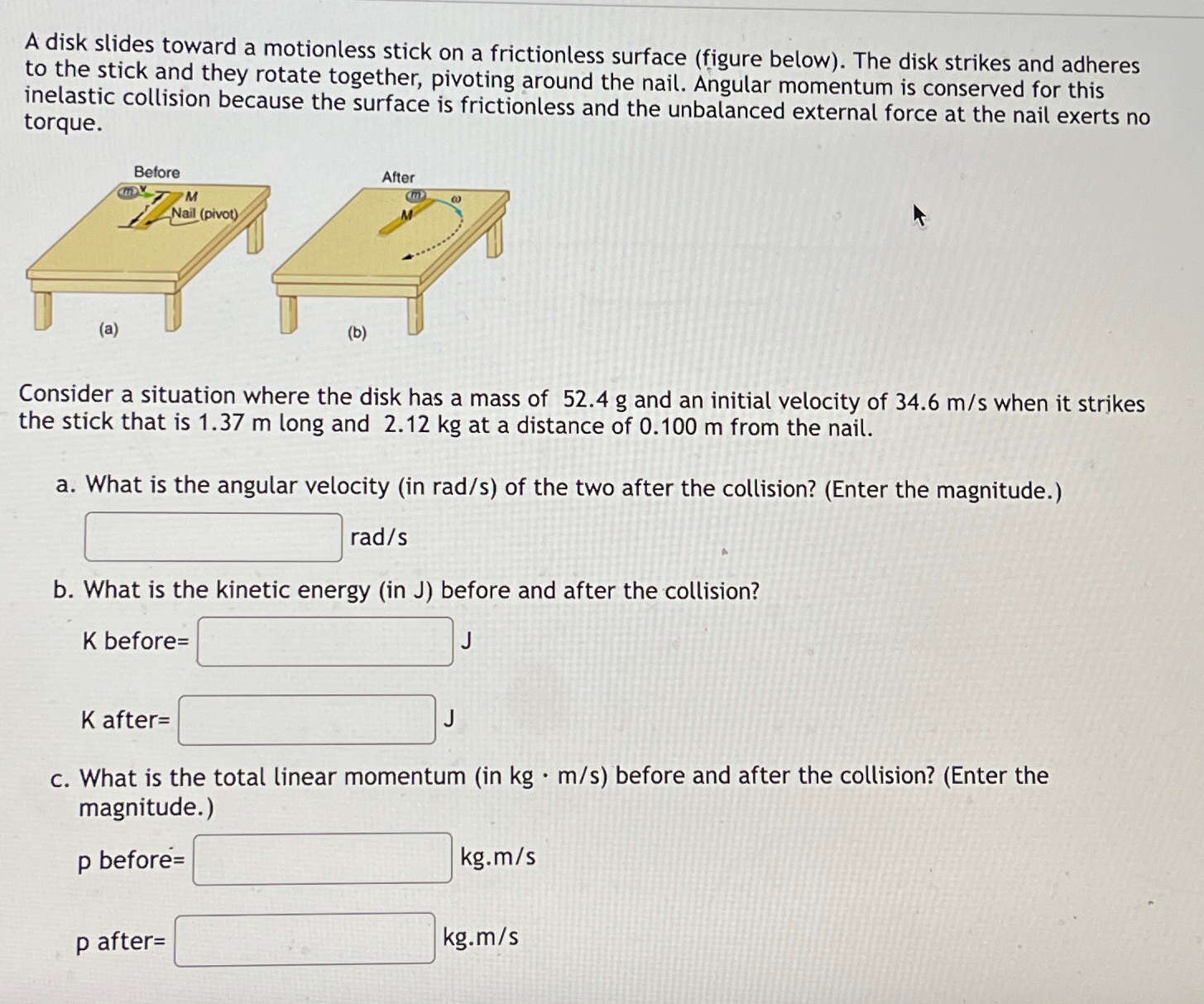 Solved A disk slides toward a motionless stick on a | Chegg.com