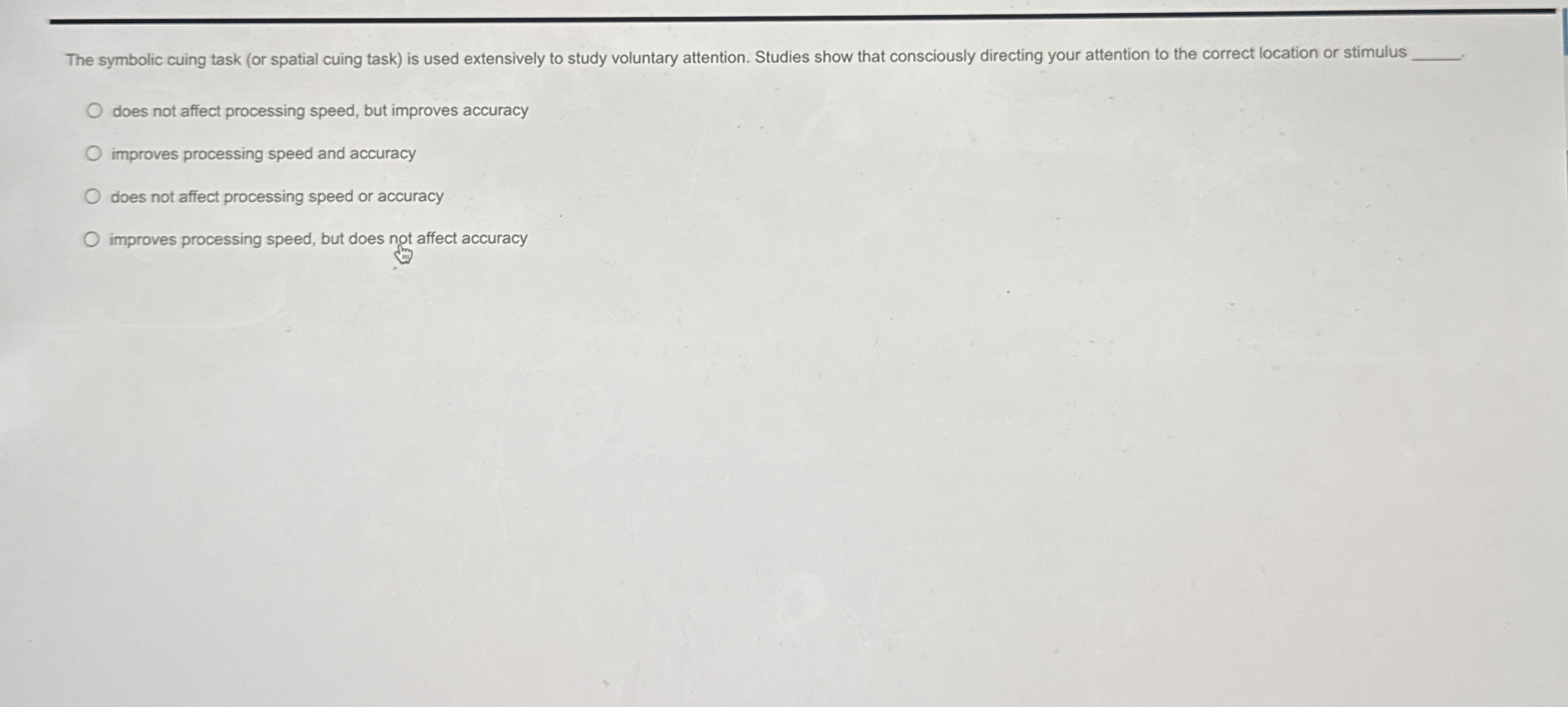 Solved The symbolic cuing task (or spatial cuing task) ﻿is | Chegg.com