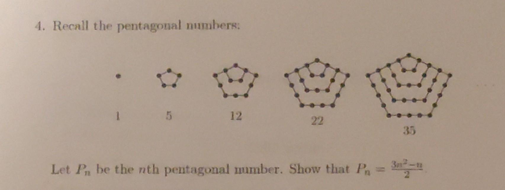Solved 4. Recall the pentagonal numbers: 1 5 12 22 Let Pn be | Chegg.com