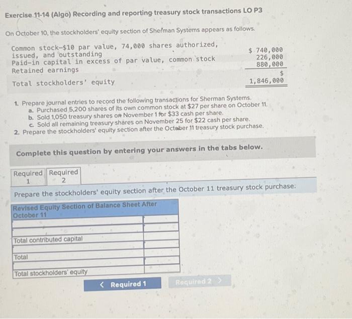 Solved Exercise 11-14 (Algo) Recording and reporting | Chegg.com