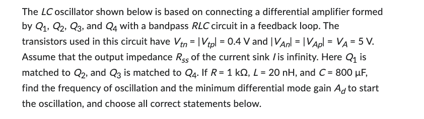 Solved The LC oscillator shown below is based on connecting | Chegg.com