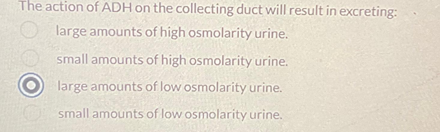 Solved The action of ADH on the collecting duct will result | Chegg.com