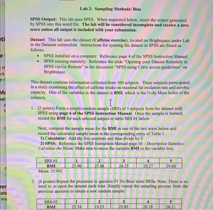 Lab 2: Sampling Methods/ Bias ti e 1 th ck er SPSS | Chegg.com