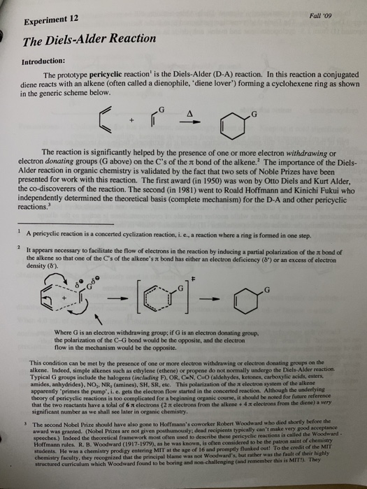 Solved Fall '09 Experiment 12 The Diels-Alder Reaction | Chegg.com