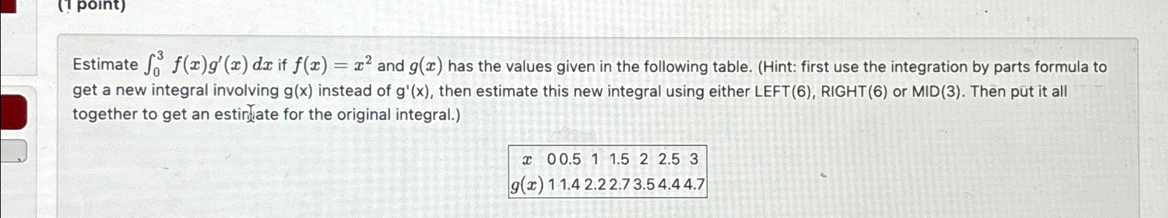 Solved Estimate ∫03f(x)g'(x)dx ﻿if f(x)=x2 ﻿and g(x) ﻿has | Chegg.com