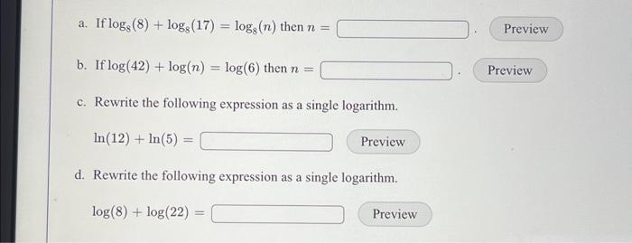 Solved a. If log8(8)+log8(17)=log8(n) then n= b. If | Chegg.com