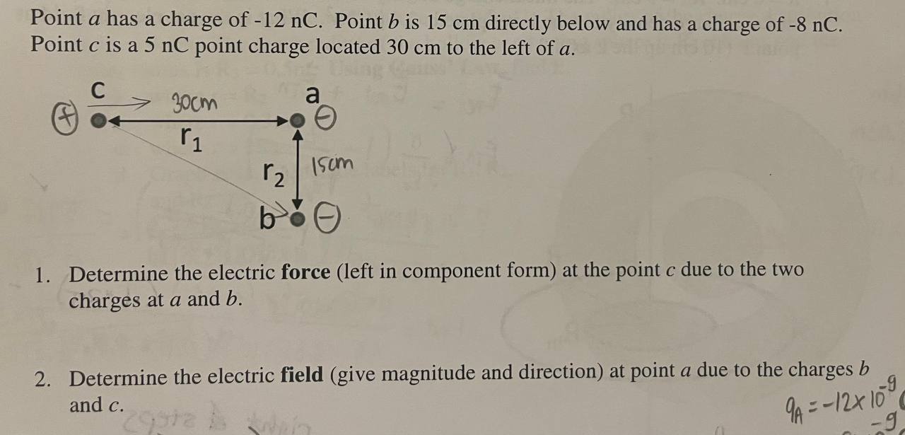 Solved Point a has a charge of -12nC. ﻿Point b ﻿is 15cm | Chegg.com