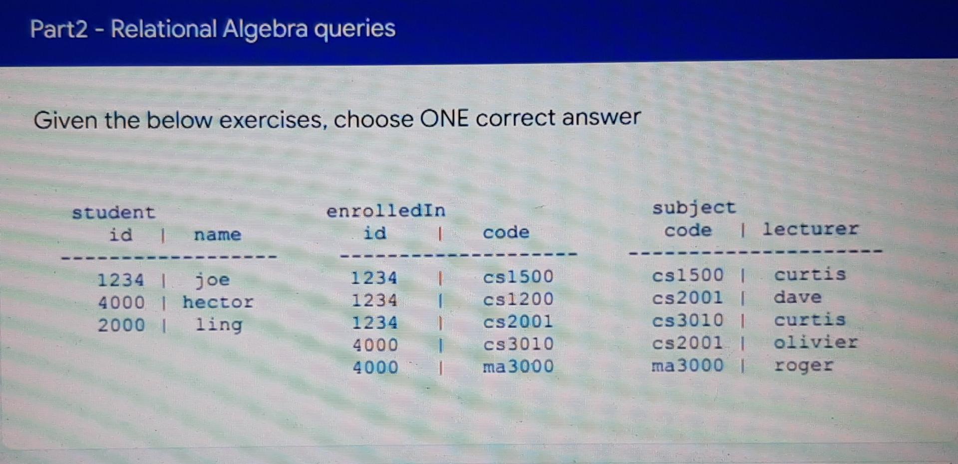 Solved Part2 - Relational Algebra queries - Given the below | Chegg.com