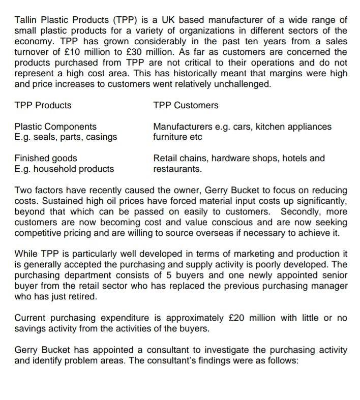 Solved Tallin Plastic Products (TPP) is a UK based | Chegg.com