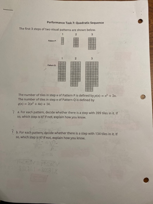 Solved Performance Task 7: Quadratic Sequence The first 3 | Chegg.com