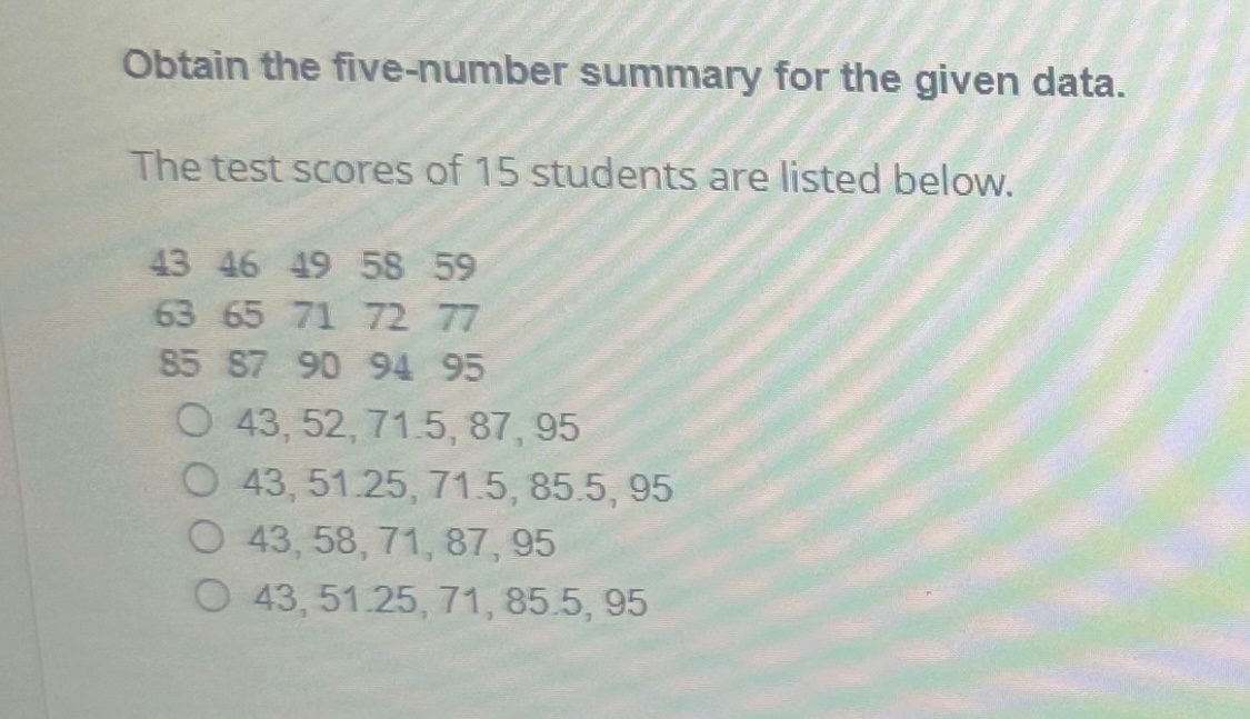 Solved Obtain the five-number summary for the given data.The | Chegg.com