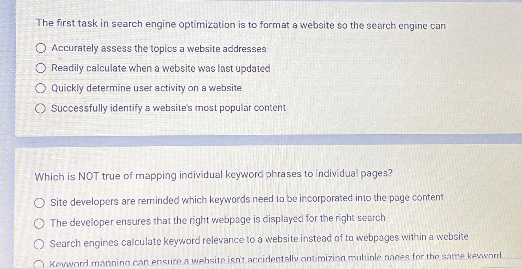 Solved The first task in search engine optimization is to | Chegg.com