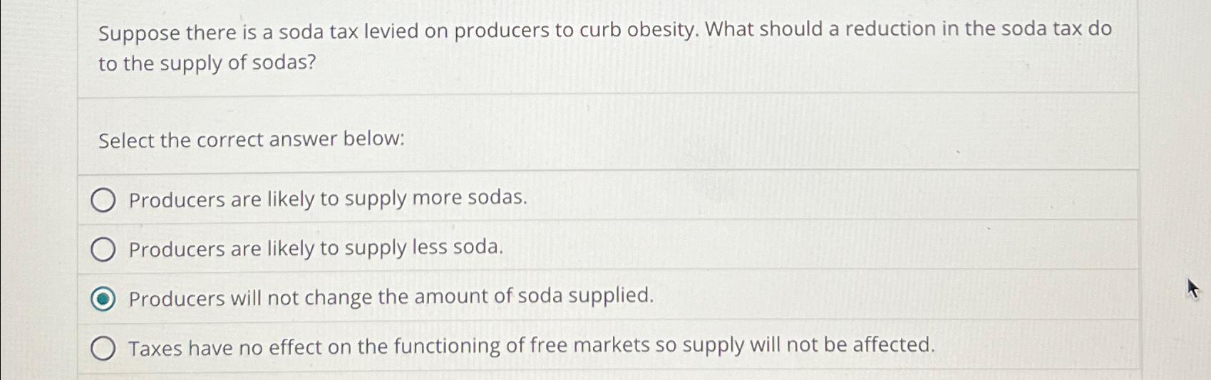 Solved Suppose there is a soda tax levied on producers to | Chegg.com