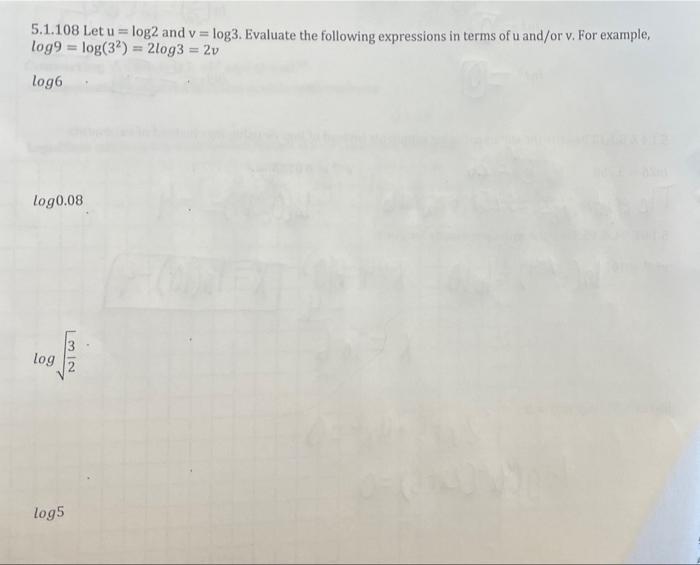 Solved 5.1.108 Let u=log2 and v=log3. Evaluate the following | Chegg.com
