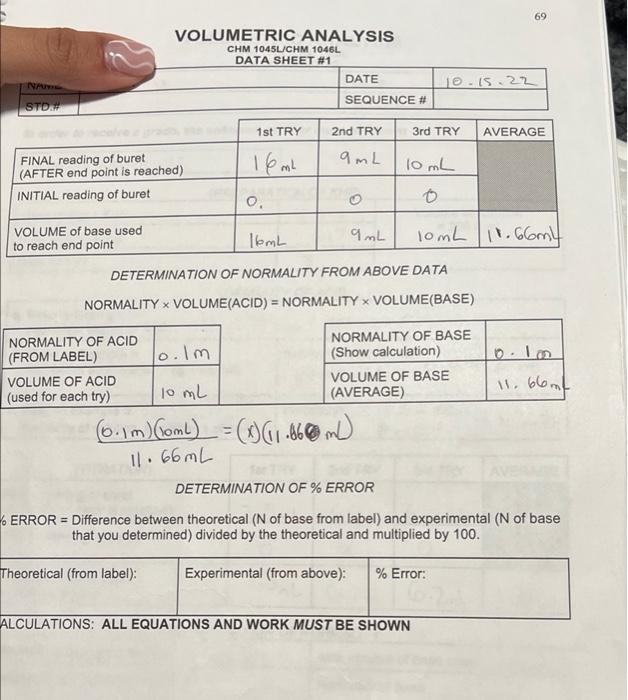 Solved VOLUMETRIC ANALYSIS DETERMINATION OF NORMALITY FROM | Chegg.com